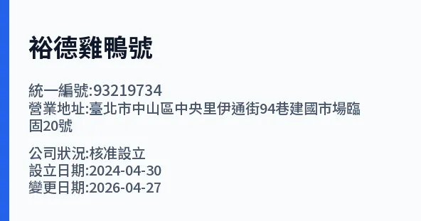 裕德雞鴨號的照片-統編 93219734(臺北市) 公司登記資料與營業項目詳細圖表