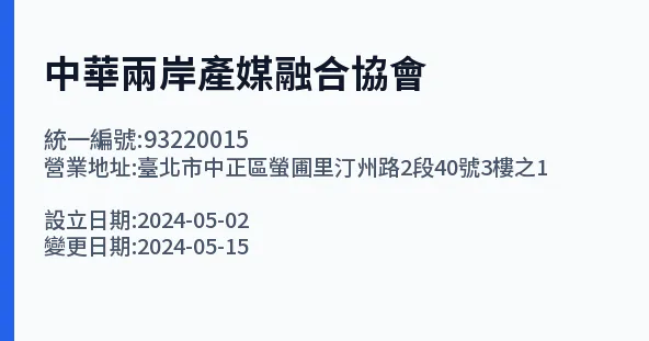 中華兩岸產媒融合協會的照片-統編 93220015(臺北市) 公司登記資料與營業項目詳細圖表