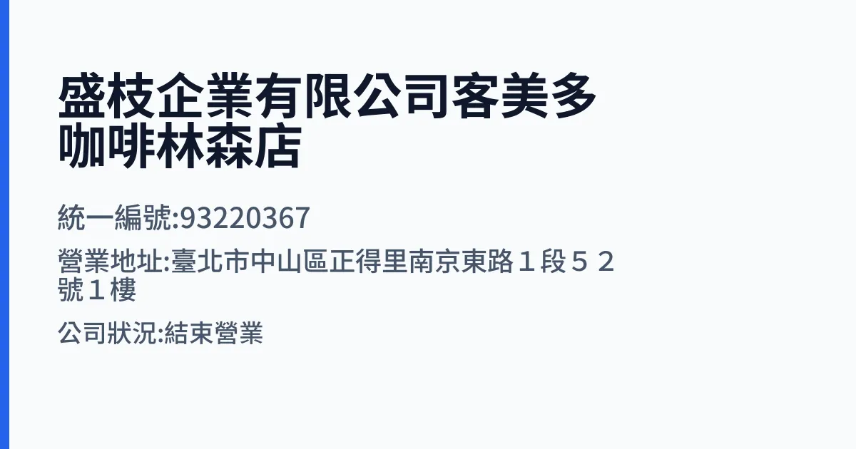 盛枝企業有限公司客美多咖啡林森店 - 統編 93220367(臺北市) 公司登記資料與營業項目詳細圖表