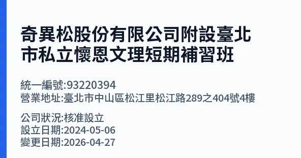 奇異松股份有限公司附設臺北市私立懷恩文理短期補習班的照片-統編 93220394(臺北市) 公司登記資料與營業項目詳細圖表
