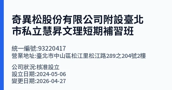 奇異松股份有限公司附設臺北市私立慧昇文理短期補習班的照片-統編 93220417(臺北市) 公司登記資料與營業項目詳細圖表