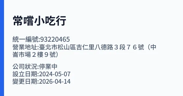 常嚐小吃行的照片-統編 93220465(臺北市) 公司登記資料與營業項目詳細圖表