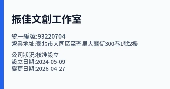 振佳文創工作室的照片-統編 93220704(臺北市) 公司登記資料與營業項目詳細圖表
