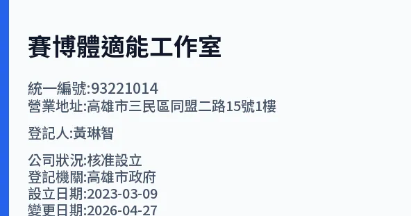 賽博體適能工作室的照片-統編 93221014(高雄市) 公司登記資料與營業項目詳細圖表
