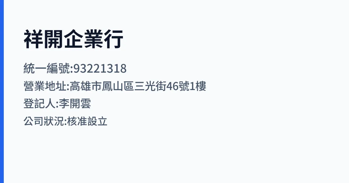 祥開企業行 - 統編 93221318(高雄市) 公司登記資料與營業項目詳細圖表