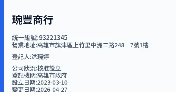 琬豐商行的照片-統編 93221345(高雄市) 公司登記資料與營業項目詳細圖表