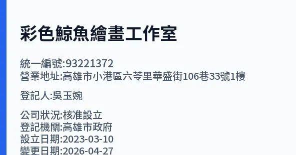彩色鯨魚繪畫工作室的照片-統編 93221372(高雄市) 公司登記資料與營業項目詳細圖表