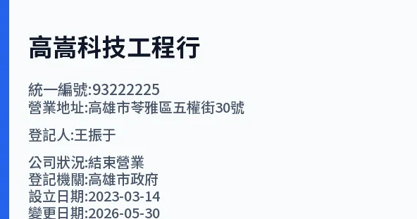 高嵩科技工程行的照片-統編 93222225(高雄市) 公司登記資料與營業項目詳細圖表