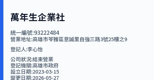萬年生企業社的照片-統編 93222484(高雄市) 公司登記資料與營業項目詳細圖表