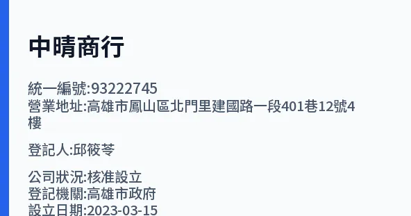 中晴商行的照片-統編 93222745(高雄市) 公司登記資料與營業項目詳細圖表
