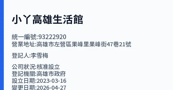 小丫高雄生活館的照片-統編 93222920(高雄市) 公司登記資料與營業項目詳細圖表