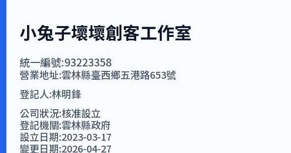 小兔子壞壞創客工作室的照片-統編 93223358(雲林縣) 公司登記資料與營業項目詳細圖表