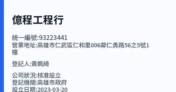 億程工程行的照片-統編 93223441(高雄市) 公司登記資料與營業項目詳細圖表