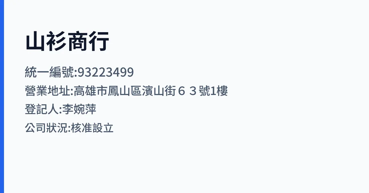 山衫商行 - 統編 93223499(高雄市) 公司登記資料與營業項目詳細圖表