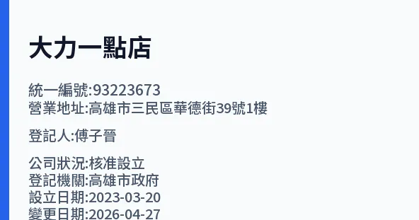 大力一點店的照片-統編 93223673(高雄市) 公司登記資料與營業項目詳細圖表