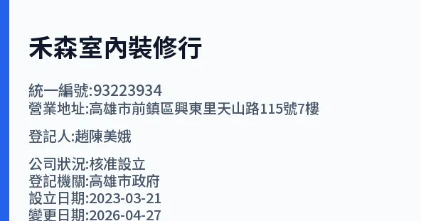 禾森室內裝修行的照片-統編 93223934(高雄市) 公司登記資料與營業項目詳細圖表