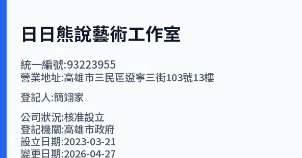 日日熊說藝術工作室的照片-統編 93223955(高雄市) 公司登記資料與營業項目詳細圖表