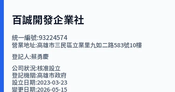 百誠開發企業社的照片-統編 93224574(高雄市) 公司登記資料與營業項目詳細圖表