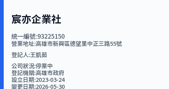 宸亦企業社的照片-統編 93225150(高雄市) 公司登記資料與營業項目詳細圖表