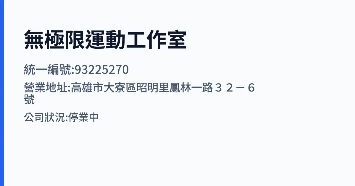 無極限運動工作室 - 統編 93225270(高雄市) 公司登記資料與營業項目詳細圖表