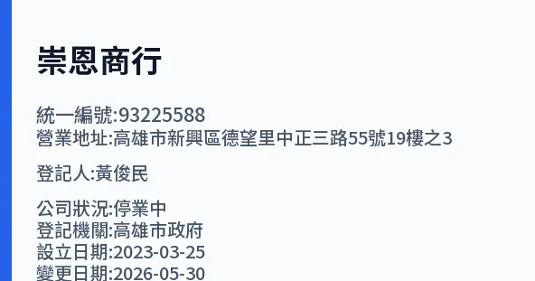 崇恩商行的照片-統編 93225588(高雄市) 公司登記資料與營業項目詳細圖表