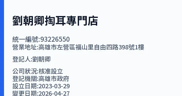 劉朝卿掏耳專門店的照片-統編 93226550(高雄市) 公司登記資料與營業項目詳細圖表