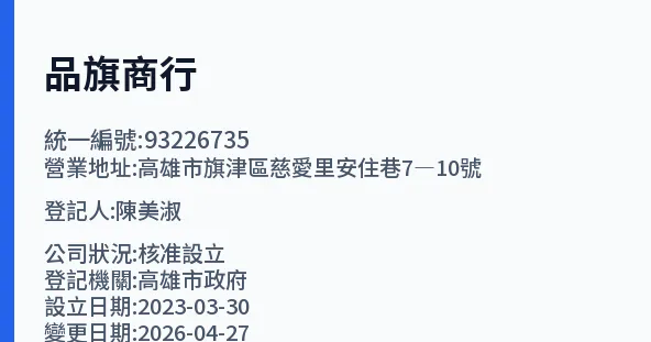 品旗商行的照片-統編 93226735(高雄市) 公司登記資料與營業項目詳細圖表