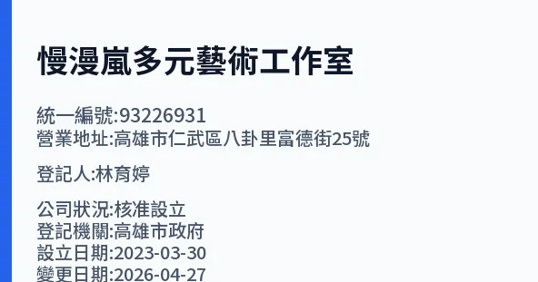 慢漫嵐多元藝術工作室的照片-統編 93226931(高雄市) 公司登記資料與營業項目詳細圖表