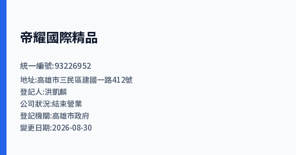 帝耀國際精品的照片-統編 93226952(高雄市) 公司登記資料與營業項目詳細圖表