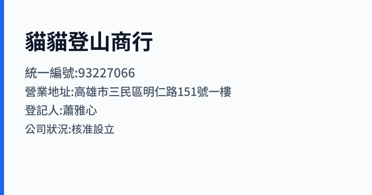 貓貓登山商行 - 統編 93227066(高雄市) 公司登記資料與營業項目詳細圖表