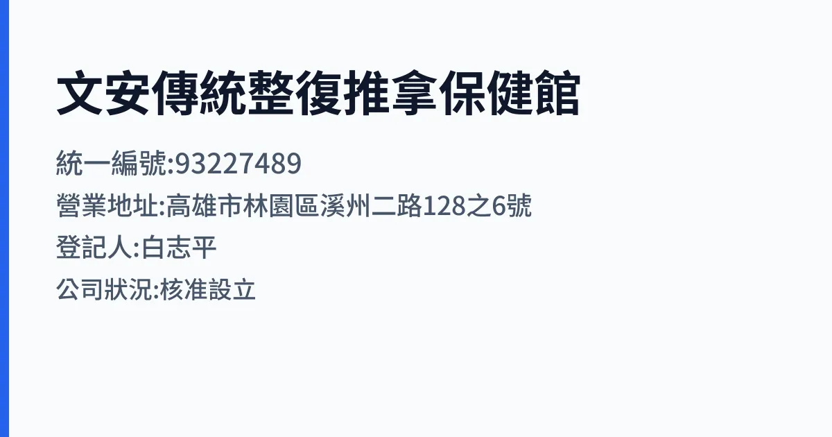 文安傳統整復推拿保健館 - 統編 93227489(高雄市) 公司登記資料與營業項目詳細圖表