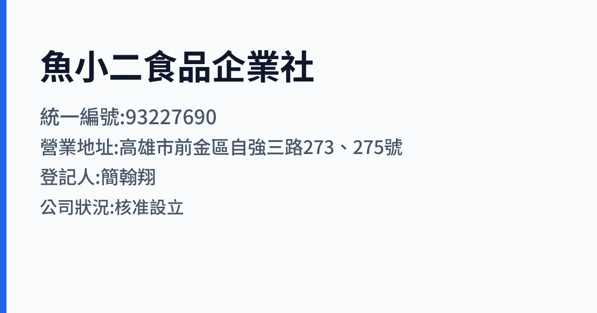 魚小二食品企業社 - 統編 93227690（高雄市） 公司登記資料與營業項目詳細圖表