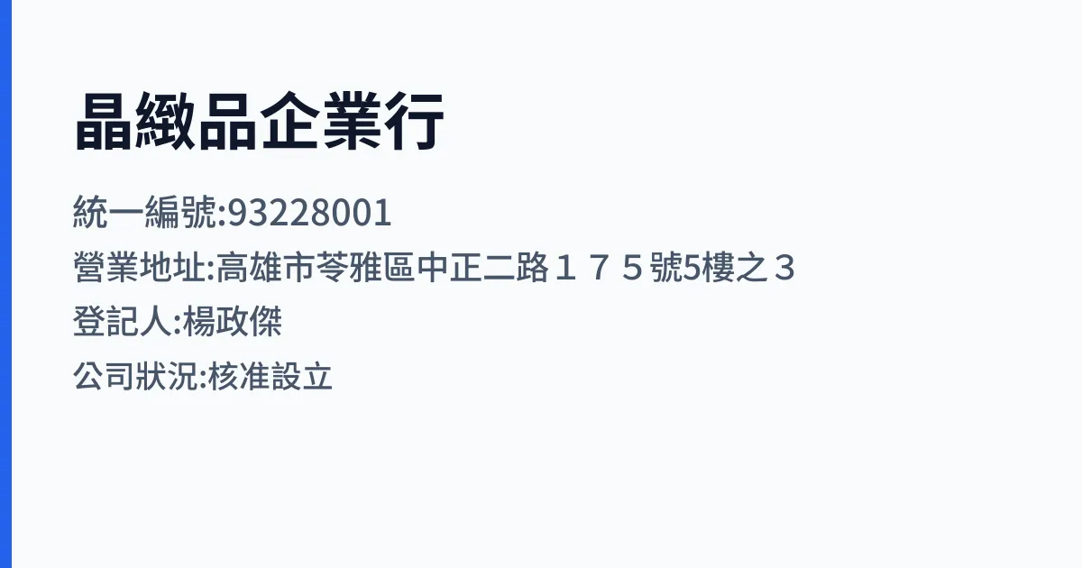 晶緻品企業行 - 統編 93228001(高雄市) 公司登記資料與營業項目詳細圖表