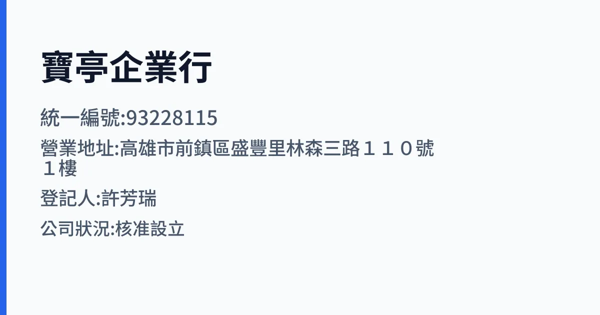寶亭企業行 - 統編 93228115(高雄市) 公司登記資料與營業項目詳細圖表