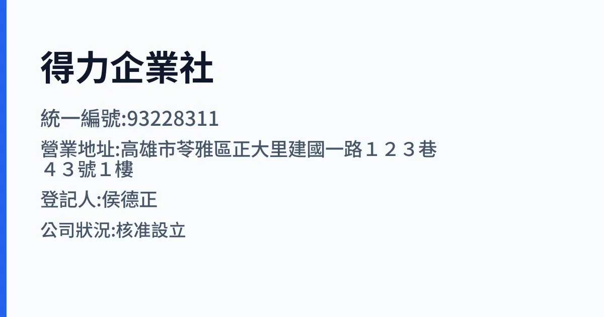 得力企業社 - 統編 93228311(高雄市) 公司登記資料與營業項目詳細圖表