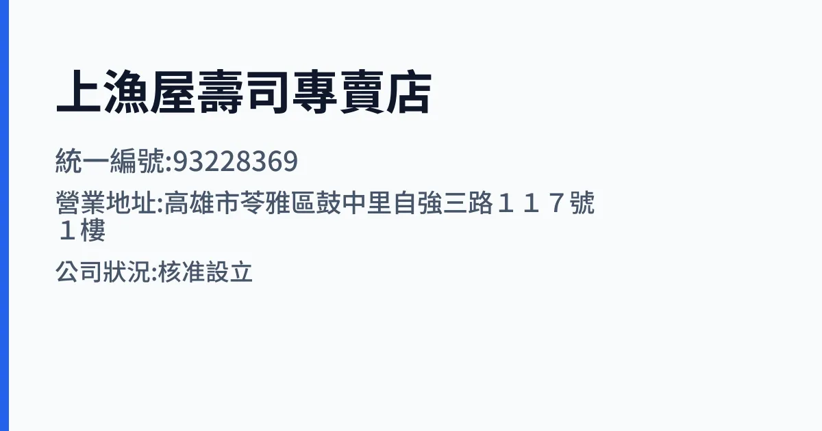 上漁屋壽司專賣店 - 統編 93228369(高雄市) 公司登記資料與營業項目詳細圖表