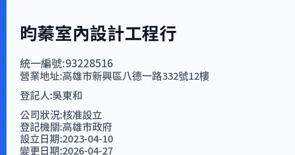 昀蓁室內設計工程行的照片-統編 93228516(高雄市) 公司登記資料與營業項目詳細圖表