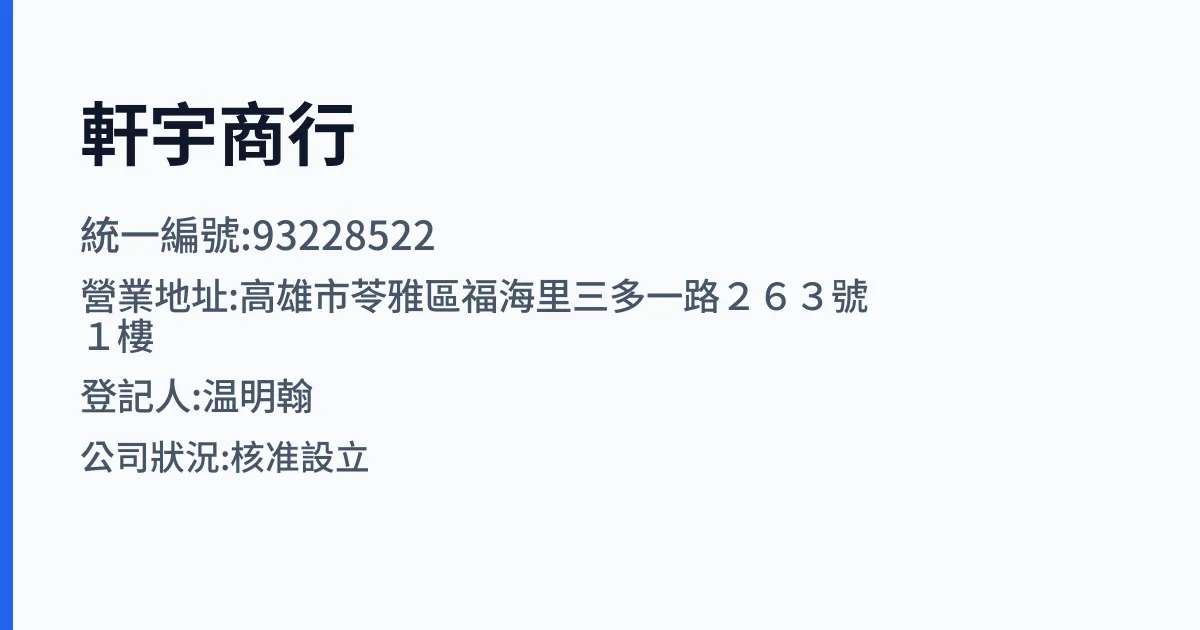軒宇商行 - 統編 93228522(高雄市) 公司登記資料與營業項目詳細圖表
