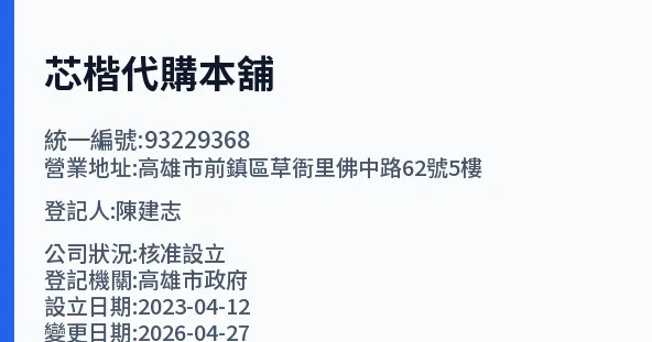 芯楷代購本舖的照片-統編 93229368(高雄市) 公司登記資料與營業項目詳細圖表