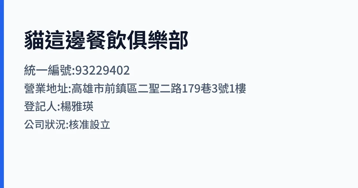 貓這邊餐飲俱樂部 - 統編 93229402(高雄市) 公司登記資料與營業項目詳細圖表