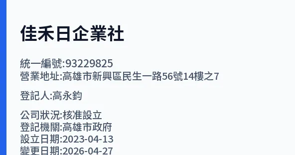 佳禾日企業社的照片-統編 93229825(高雄市) 公司登記資料與營業項目詳細圖表