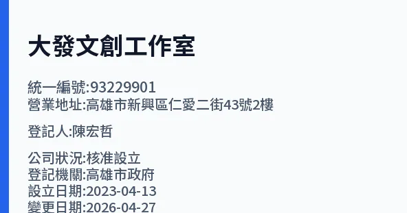 大發文創工作室的照片-統編 93229901(高雄市) 公司登記資料與營業項目詳細圖表