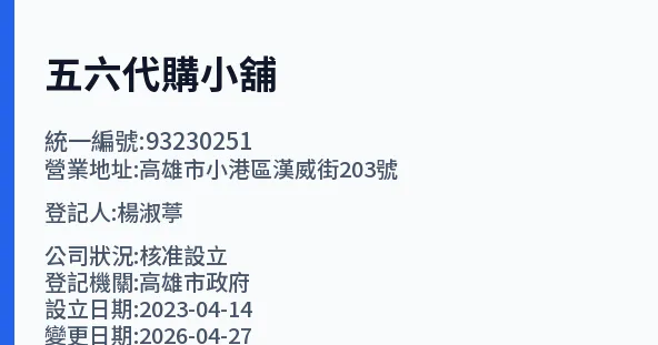 五六代購小舖的照片-統編 93230251(高雄市) 公司登記資料與營業項目詳細圖表