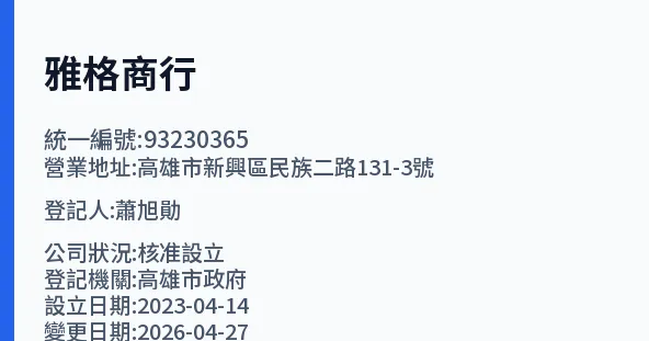 雅格商行的照片-統編 93230365(高雄市) 公司登記資料與營業項目詳細圖表