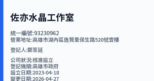 佐亦水晶工作室的照片-統編 93230962(高雄市) 公司登記資料與營業項目詳細圖表