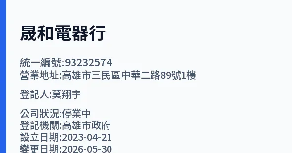 晟和電器行的照片-統編 93232574(高雄市) 公司登記資料與營業項目詳細圖表