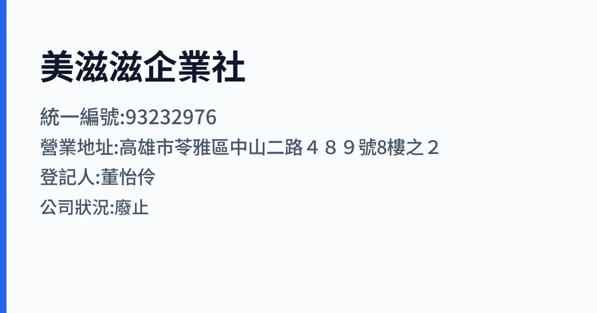 美滋滋企業社 - 統編 93232976(高雄市) 公司登記資料與營業項目詳細圖表