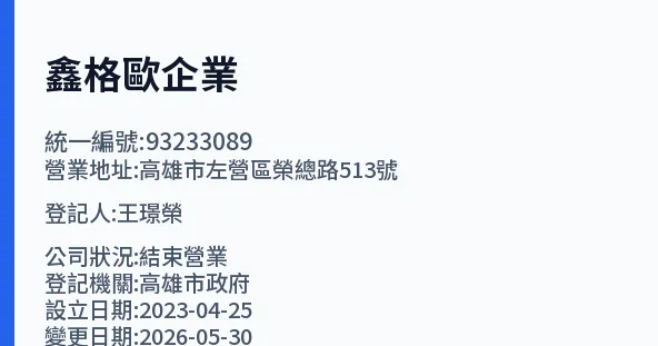 鑫格歐企業的照片-統編 93233089(高雄市) 公司登記資料與營業項目詳細圖表