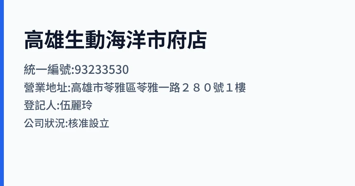 高雄生動海洋市府店 - 統編 93233530（高雄市） 公司登記資料與營業項目詳細圖表