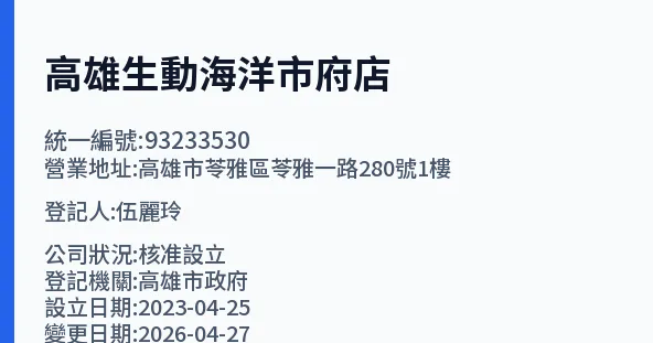 高雄生動海洋市府店的照片-統編 93233530(高雄市) 公司登記資料與營業項目詳細圖表